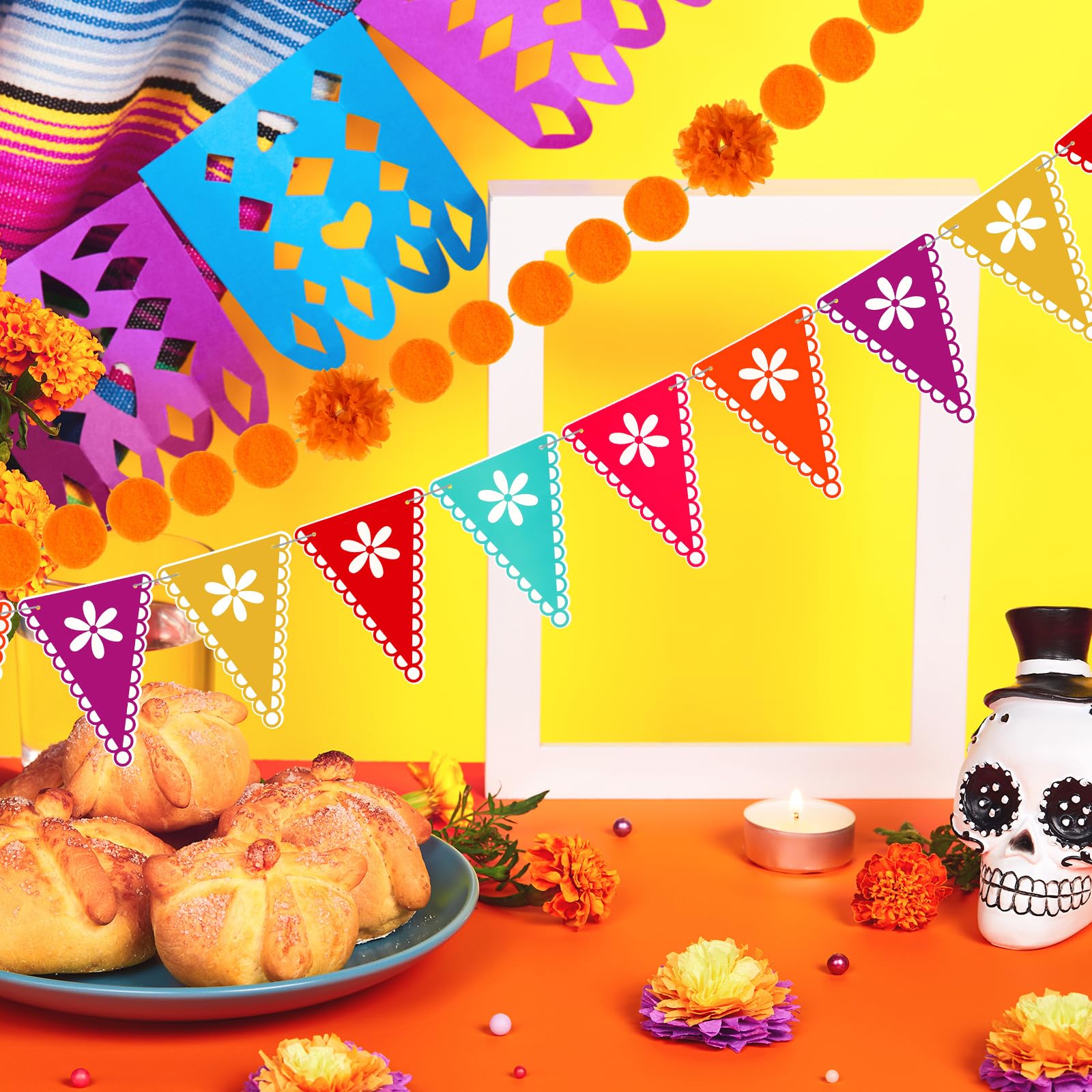 Preboun 5 Pcs Day of the Dead Party Decorations Marigold Flowers Garland Papel Picado Banner Fiesta Cinco De Mayo Banner Pom Pom Wool Felt Ball Garland for Mexican Party Dia De Los Muertos Decorations