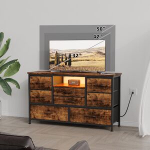 Jojoka 8 Dresser TV Stand with Power Outlet & LED for 55'' TV, Long Dresser for Bedroom with 8 Deep Drawers, Wide Console Table for Storage in Closet, Living Room, Entryway, Wood Top