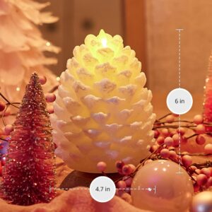 Luminara Pinecone Flameless Candle White Swan Glitter and Snow Finish Pine Cone Figural, Real Wax Unscented LED Candles, Battery Operated with Timer, Holiday Decoration (4.7" x 6")