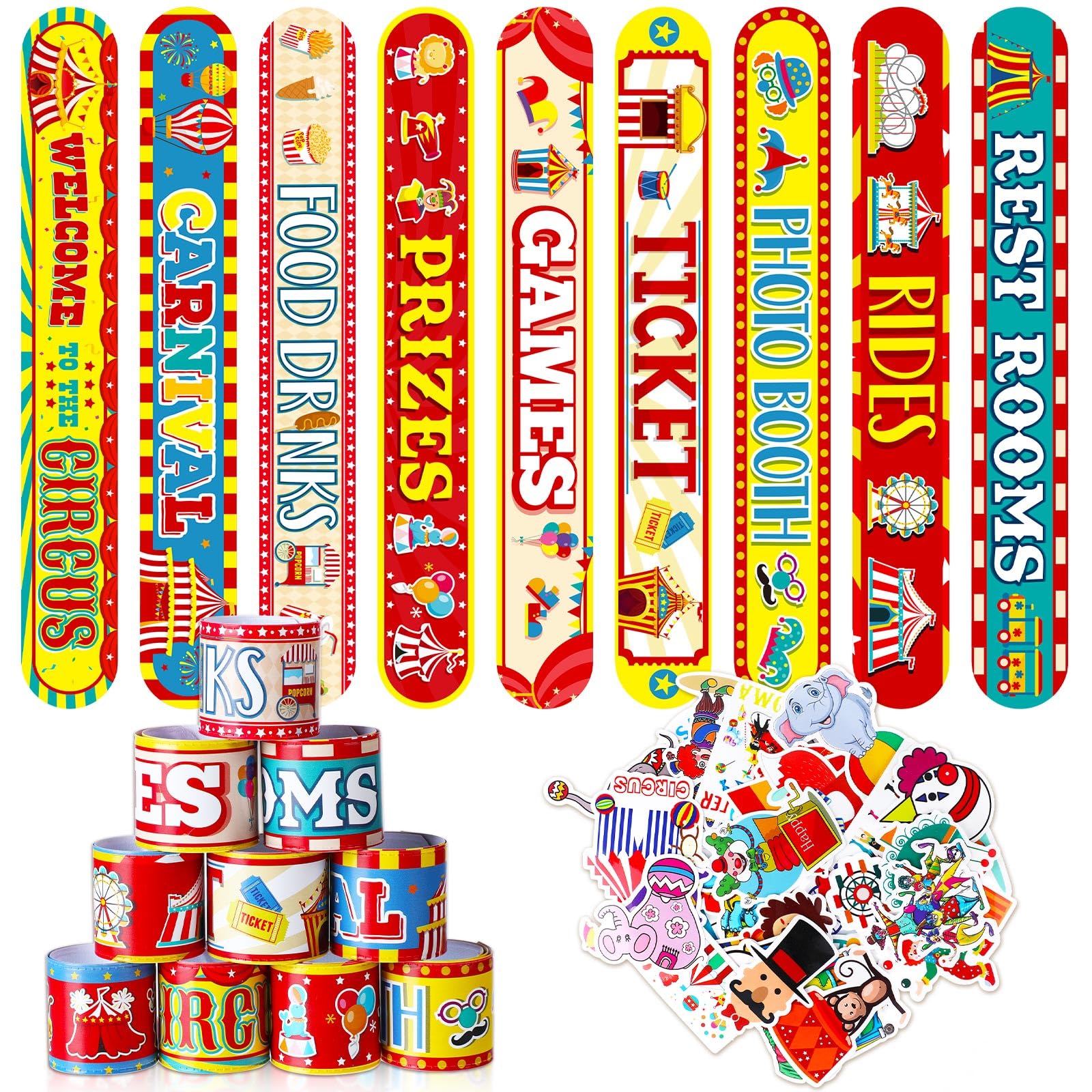 Junkin 90 Pcs Carnival Party Favor Supplies Carnival Slap Bracelets Carnival Stickers Carnival Circus Party Favors Circus Clown Animal Slap Bracelets Circus Stickers for Birthday Baby Shower Decor