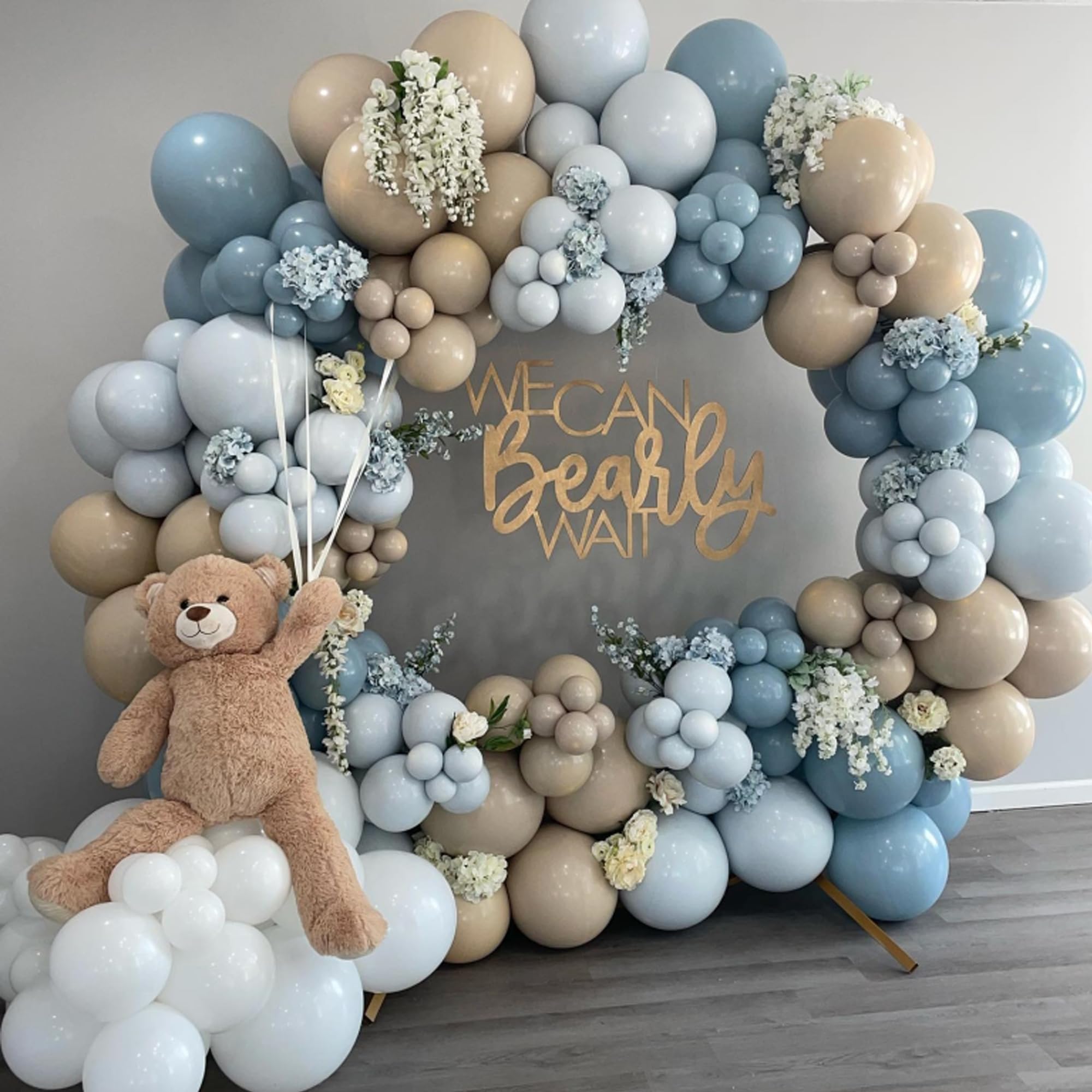 Blue Balloon Arch Kit, 132Pcs Dusty Light Baby Blue Balloons Garland with Brown Double Stuffed Balloons for Baby Shower Gender Reveal Boy Birthday Bear Theme Party Decorations Supplies