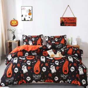 halloween duvet cover queen size pumpkin bedding set cartoon ghost candy comforter cover for kids room decor black bedding with 1 duvet cover 2 pillowcases