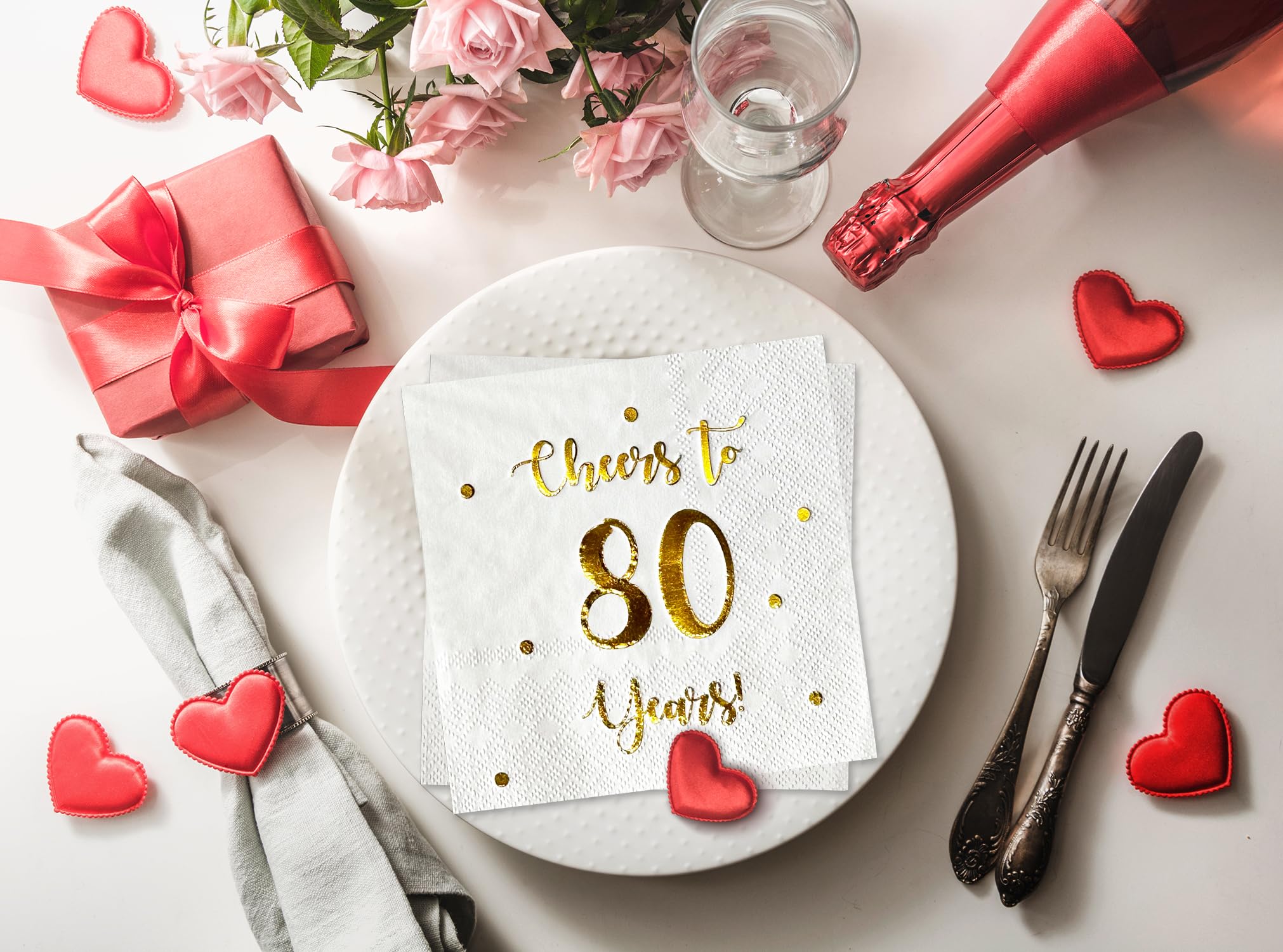 Cheers to 80 Years Cocktail Napkins | Happy 80th Birthday Decorations for Men and Women and Wedding Anniversary Party Decorations | 50-Pack 3-Ply Napkins | 5 x 5 inch folded (White)