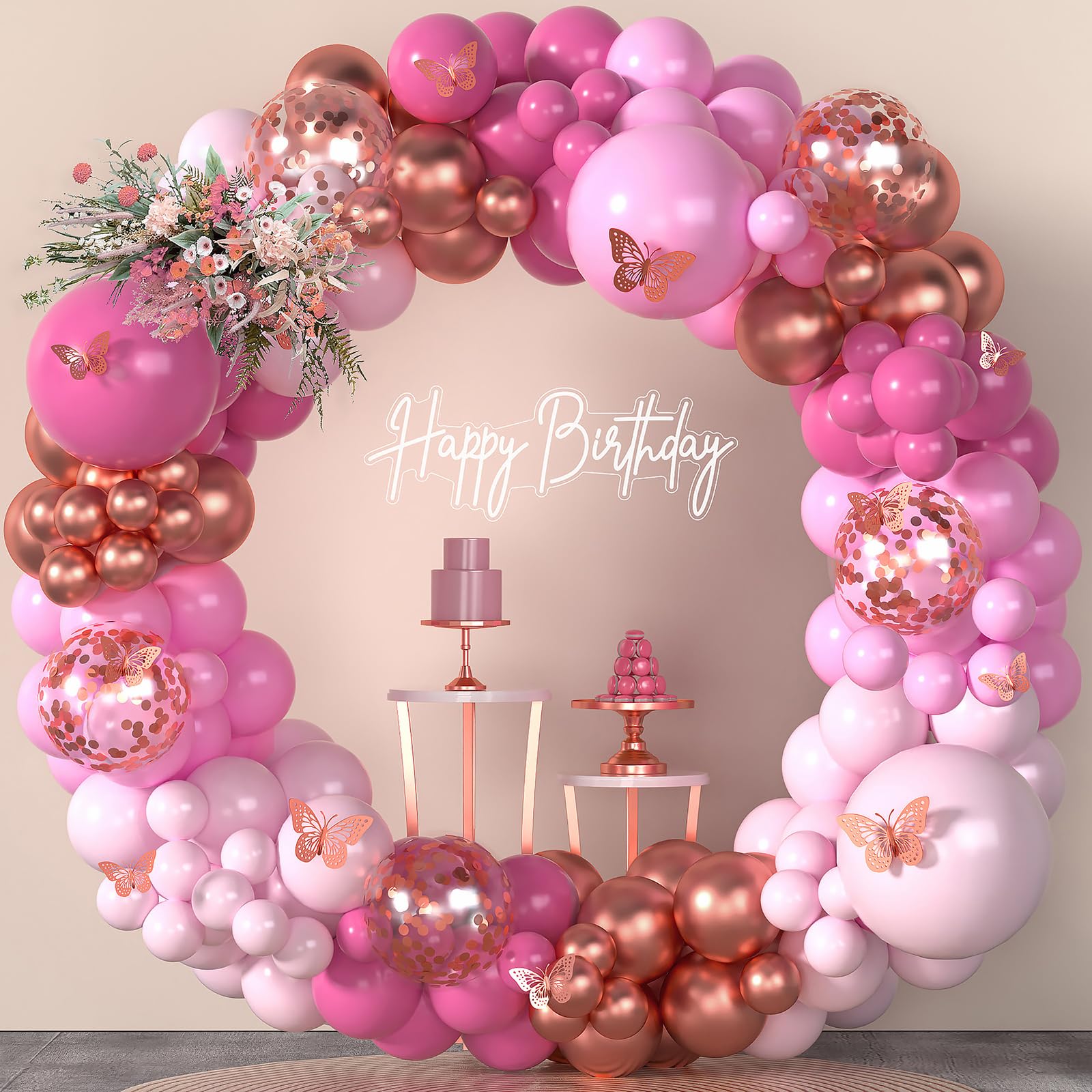 Pink Balloon Arch Dusty Rose Pastel Pink Light Pink Metallic Rose Gold Latex Balloons Garland Kit Butterfly Sticker Set for Bridal Shower Birthday Party Decorations