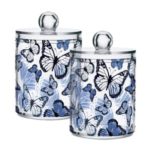 sdmka 2 pack apothecary jars bathroom blue butterfly qtip holder dispenser clear plastic storage canister jar with lid for cotton ball, cotton swab