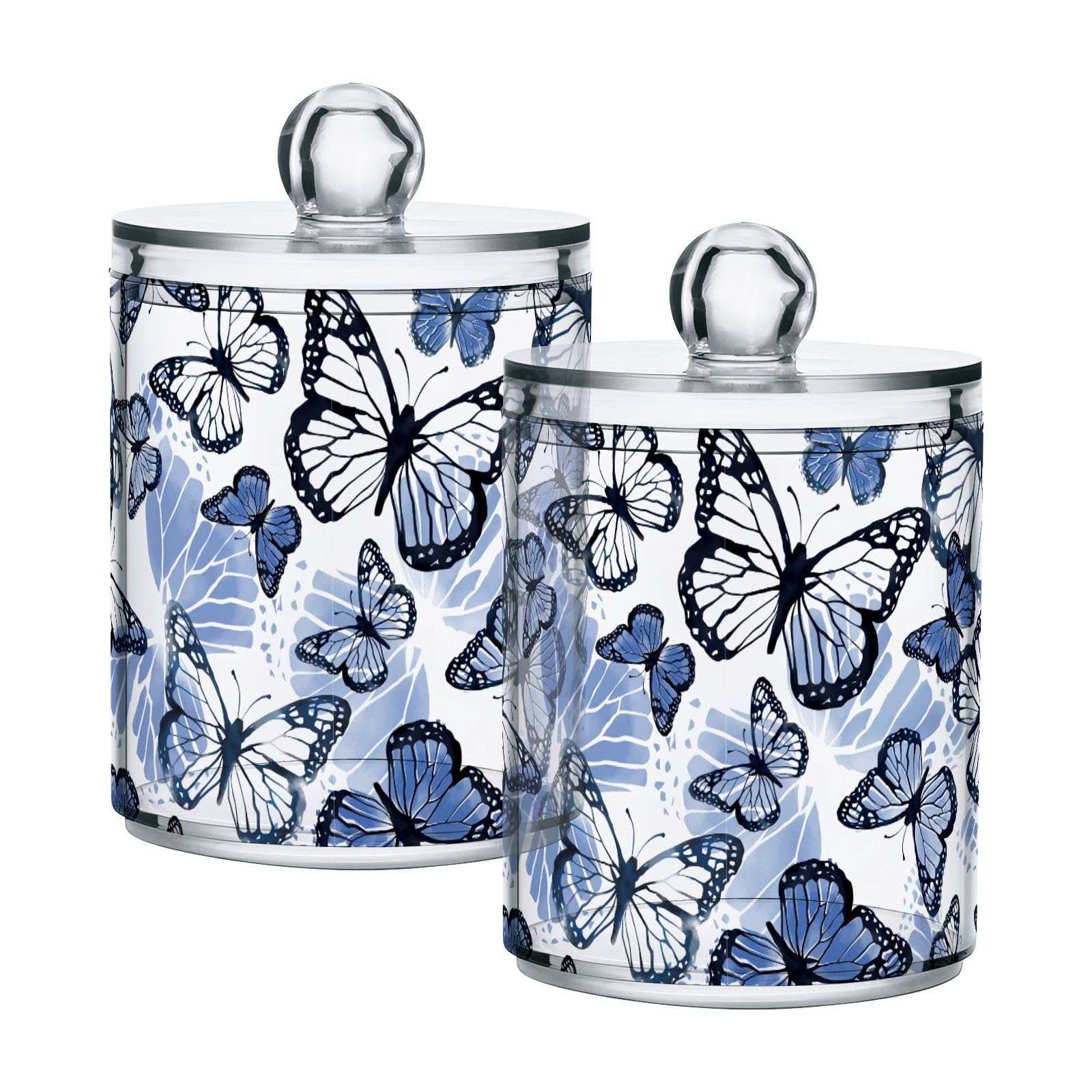 SDMKA 2 Pack Apothecary Jars Bathroom Blue Butterfly Qtip Holder Dispenser Clear Plastic Storage Canister Jar with Lid for Cotton Ball, Cotton Swab