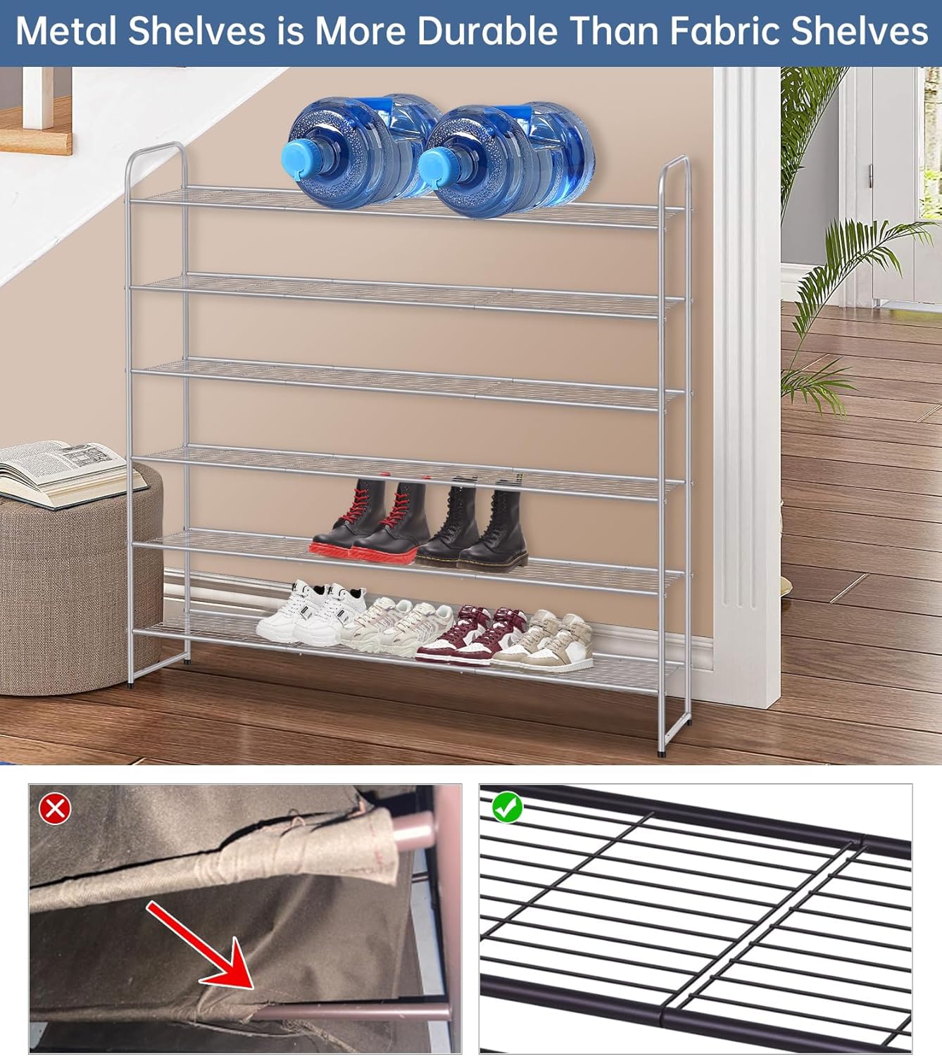 KEETDY Long 6 Tier Shoe Rack Organizer Tall Metal Shoe Organizer for Entryway Bedroom Floor Garage, Wide Shoe Shelf Storage Fits 42 Pairs Men Sneakers, Gray