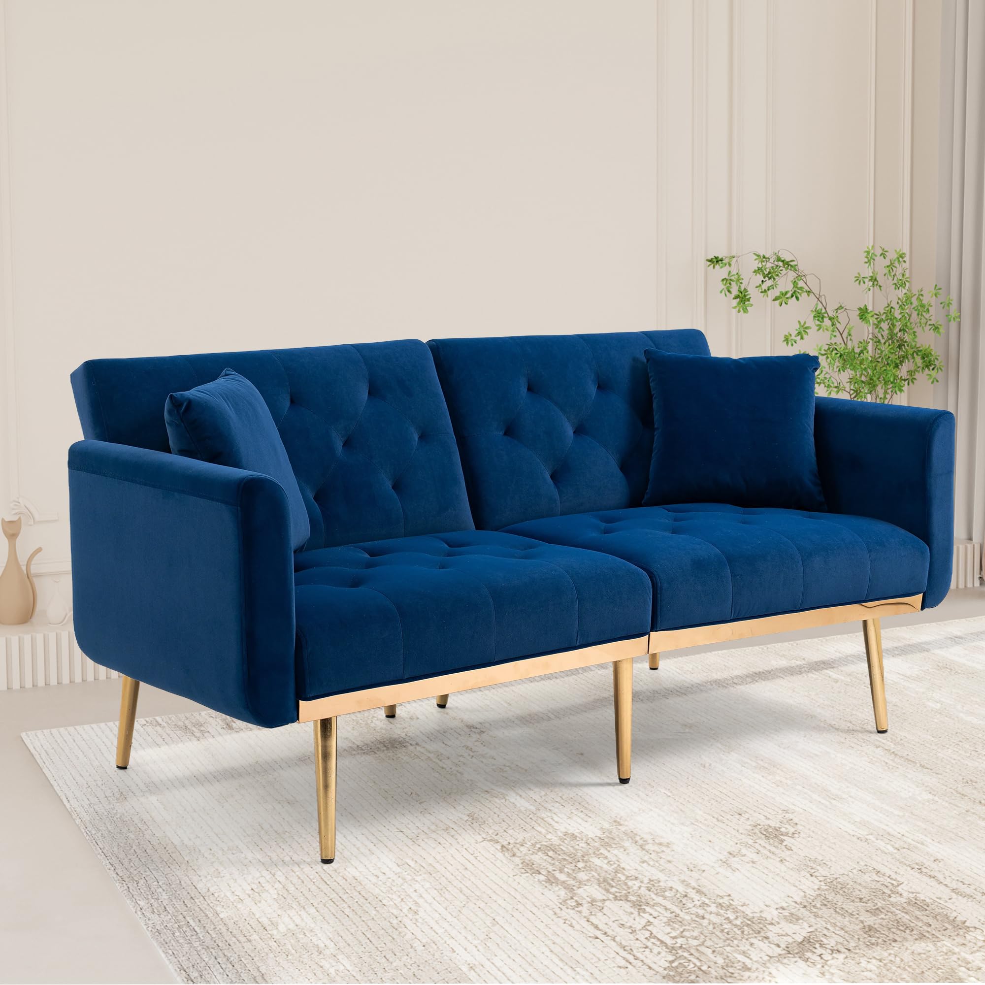 SULOPS 65" Tufted Velvet Vintage Futon Sofa Bed with 2 Pillows, Modern Accent Sofa Upholstered Comfy Loveseat Sofa Sleeper Bed 2-Seater Folding Couch for Home Office Small Space (Velvet Navy)