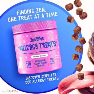 ZenBites Organic Allergy Vitamin Chews Anti Itch Supplement Dog Allergy Relief for Skin & Seasonal Allergies Omega 3 Probiotics for Dogs Salmon Oil Blend with Vitamin C Turkey - 120 Count