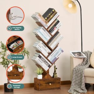 SHEEPAM 8 Tier Tree Bookshelf with Drawer, Free Standing Wood Bookcase for Narrow Space, Storage Organizer Bookshelves for Books, Book Case for Home Office, Living Room, Bedroom, Rustic Brown