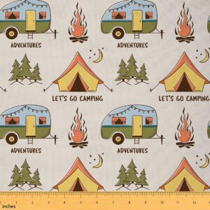 camping theme fabric by the yard,retro cartoon camper campfire tent diy art waterproof fabric,jungle adventure decorative outdoor fabric,moon stars farm decor upholstery fabric,2 yards