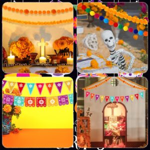 Preboun 5 Pcs Day of the Dead Party Decorations Marigold Flowers Garland Papel Picado Banner Fiesta Cinco De Mayo Banner Pom Pom Wool Felt Ball Garland for Mexican Party Dia De Los Muertos Decorations