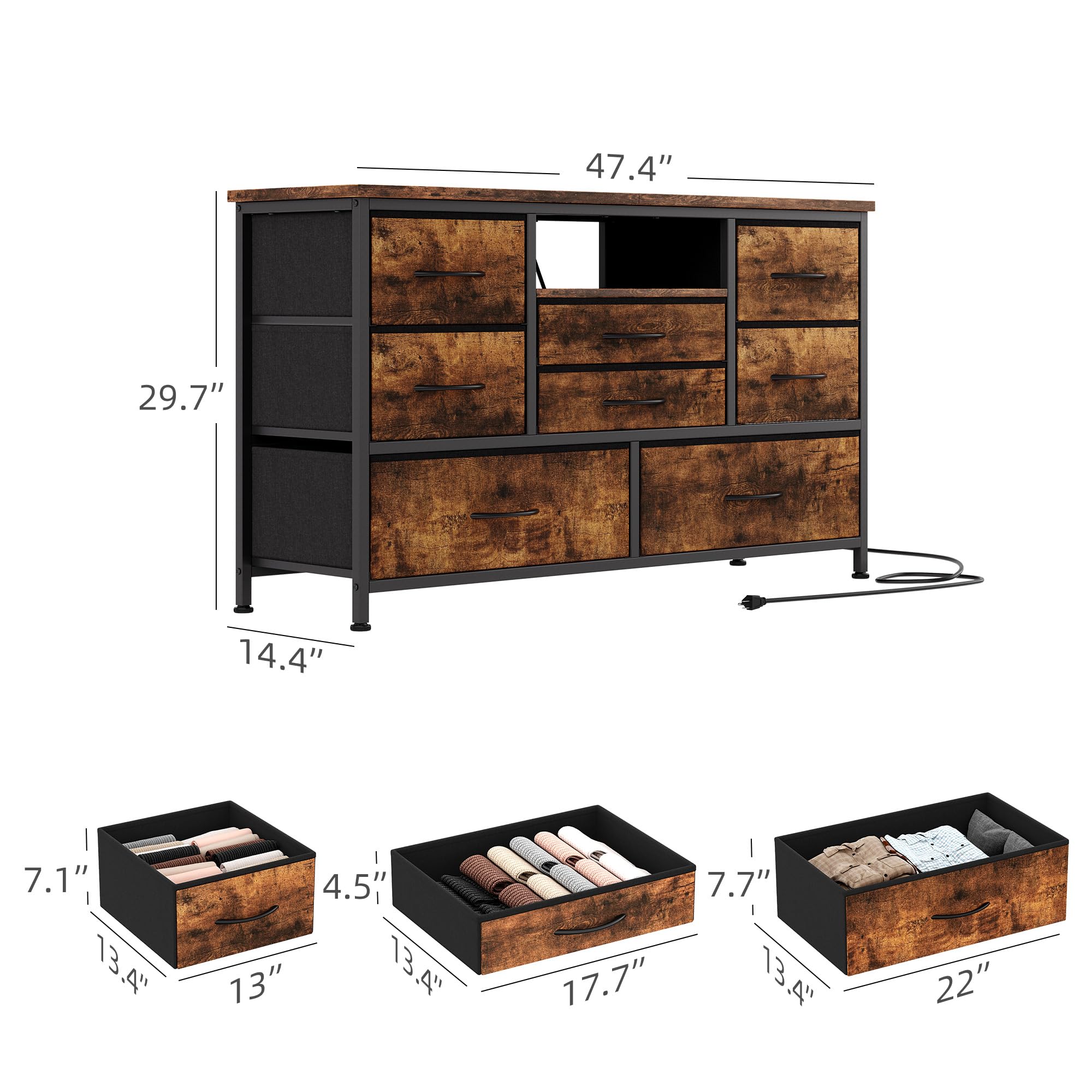 Jojoka 8 Dresser TV Stand with Power Outlet & LED for 55'' TV, Long Dresser for Bedroom with 8 Deep Drawers, Wide Console Table for Storage in Closet, Living Room, Entryway, Wood Top