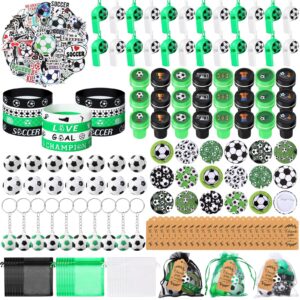 aoriher 266 pcs soccer party favors sports party supplies gifts set stress ball stickers whistle keychain bracelet erasers badges organza bags thank you tags