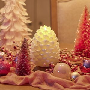 Luminara Pinecone Flameless Candle White Swan Glitter and Snow Finish Pine Cone Figural, Real Wax Unscented LED Candles, Battery Operated with Timer, Holiday Decoration (4.7" x 6")