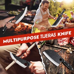 TIJERAS Butcher Knife Set, 3PCS Hand Forged Meat Cleaver, Serbian Chef Knife Set, Viking Knives with Sheaths, High Carbon Steel Meat Cutting Kitchen Knife Set for Kitchen Camping BBQ Gift Idea Men