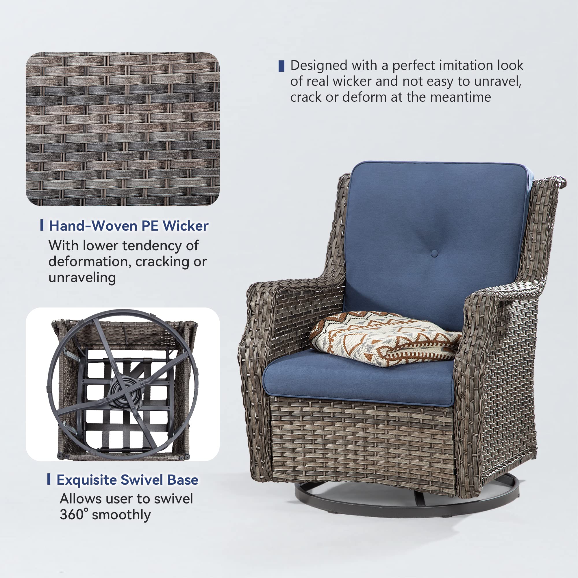 MeetLeisure Outdoor Swivel Rocker Patio Chair Set of 2 - Two Pieces 360 Degree Patio Swivel Glider Chair with 3.5" Water-Repellent Cationic Layer Fabric Cushions(Mixed Grey/Blue)