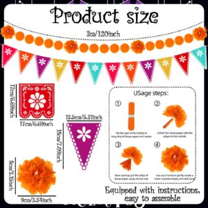 Preboun 5 Pcs Day of the Dead Party Decorations Marigold Flowers Garland Papel Picado Banner Fiesta Cinco De Mayo Banner Pom Pom Wool Felt Ball Garland for Mexican Party Dia De Los Muertos Decorations