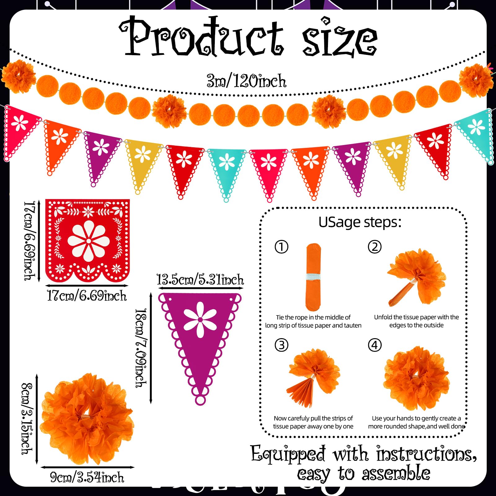 Preboun 5 Pcs Day of the Dead Party Decorations Marigold Flowers Garland Papel Picado Banner Fiesta Cinco De Mayo Banner Pom Pom Wool Felt Ball Garland for Mexican Party Dia De Los Muertos Decorations