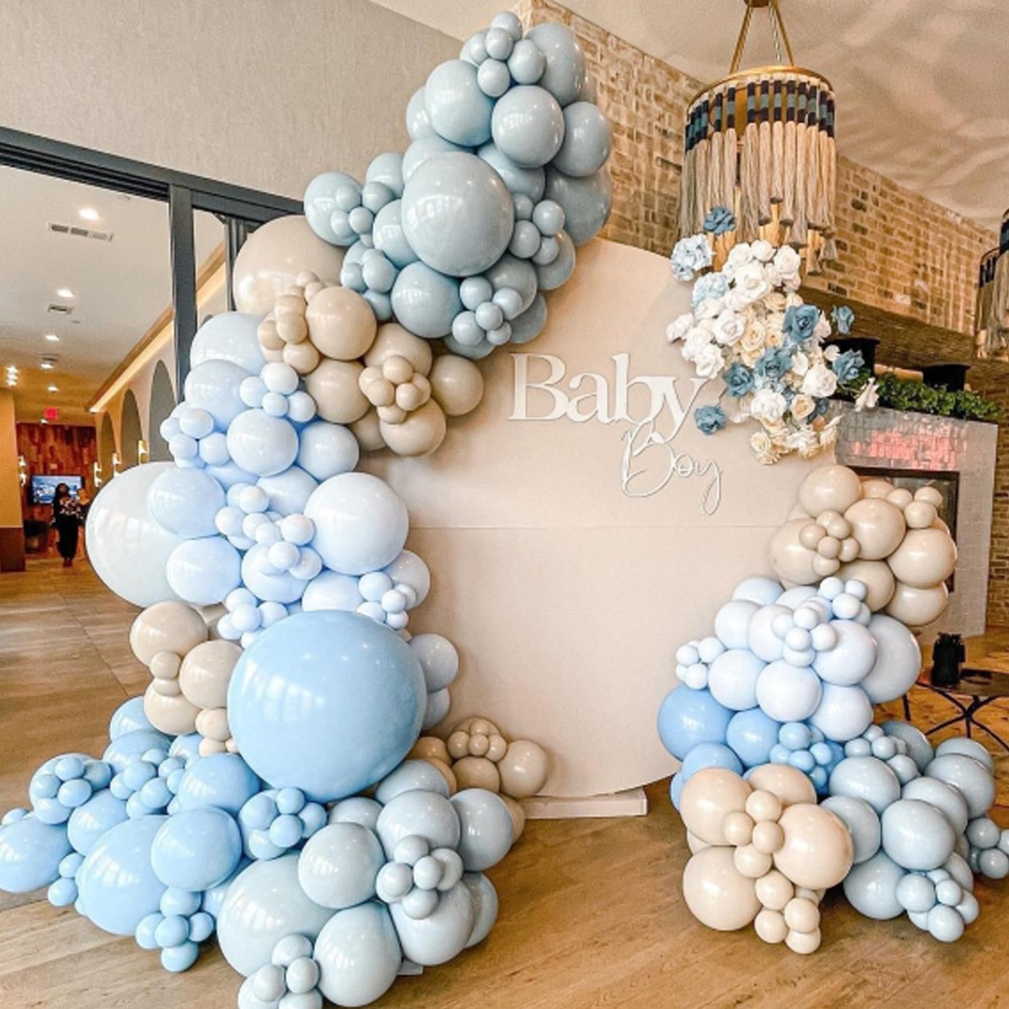 Blue Balloon Arch Kit, 132Pcs Dusty Light Baby Blue Balloons Garland with Brown Double Stuffed Balloons for Baby Shower Gender Reveal Boy Birthday Bear Theme Party Decorations Supplies