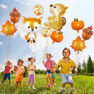 Fall Balloons, Thanksgiving Acorn Fox Maple Leaf Squirrel Pumpkin Mylar Foil Balloons, Harvest Autumn Party Balloons for Birthday Baby Shower Thanksgiving Party Decorations - Pack of 10