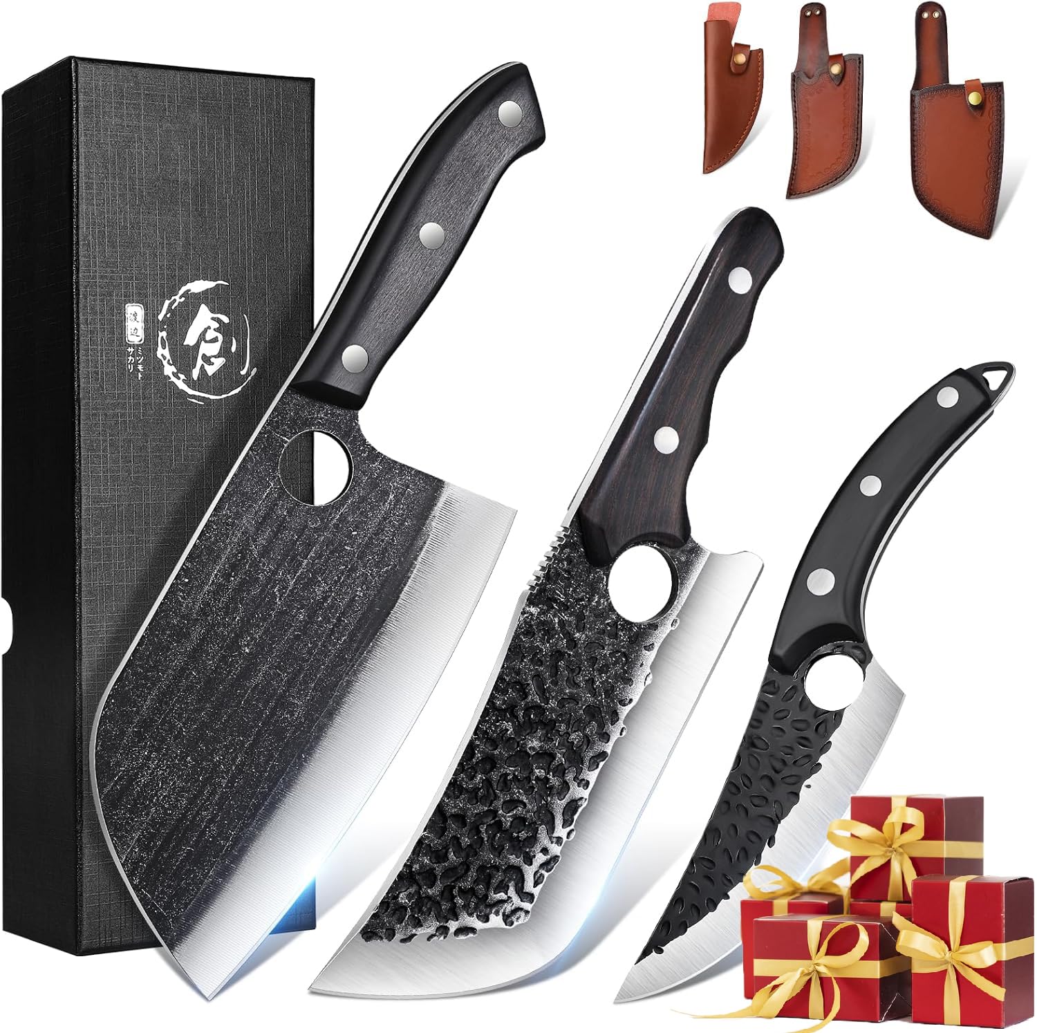 TIJERAS Butcher Knife Set, 3PCS Hand Forged Meat Cleaver, Serbian Chef Knife Set, Viking Knives with Sheaths, High Carbon Steel Meat Cutting Kitchen Knife Set for Kitchen Camping BBQ Gift Idea Men