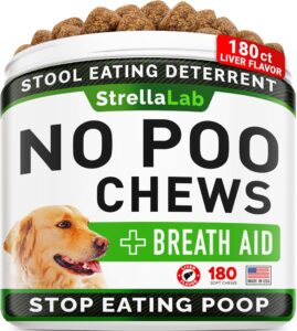 strellalab no poo treats for dogs - coprophagia stool eating deterrent - no poop eating for dogs - digestive enzymes - stop eating poop - liver flavor 180 ct