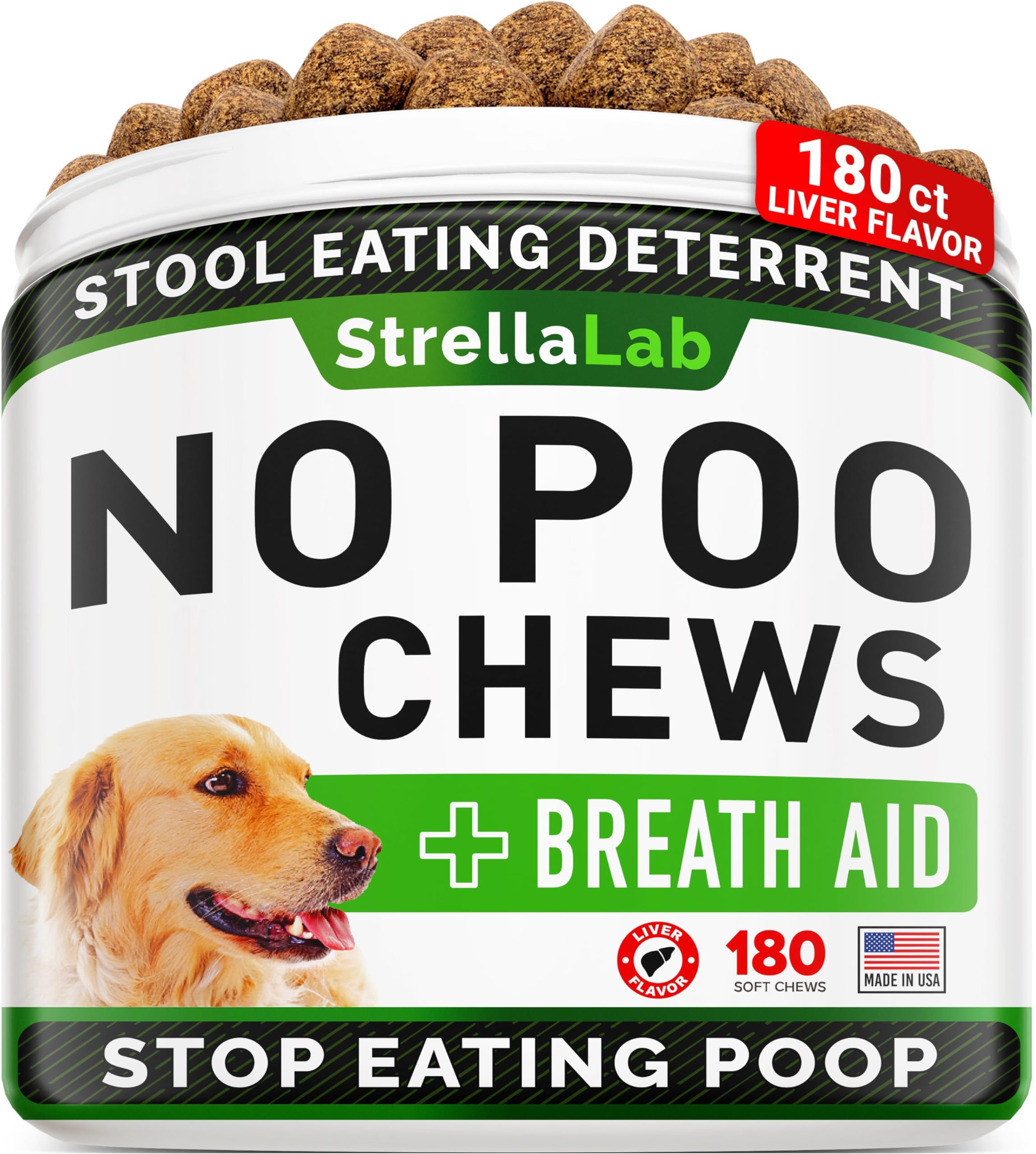 STRELLALAB No Poo Treats for Dogs - Coprophagia Stool Eating Deterrent - No Poop Eating for Dogs - Digestive Enzymes - Stop Eating Poop - Liver Flavor 180 Ct