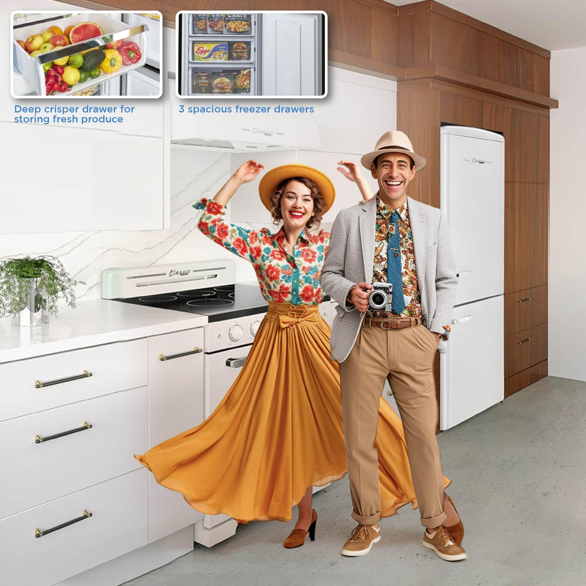 Unique Appliances UGP-330L W AC Classic Retro Refrigerator Electric Bottom-Mount Fridge with Intuitive Control Panel, 4 Glass Shelves, and 3 Freezer Drawers, Frost-Free, 12 cu./ft, Marshmallow White