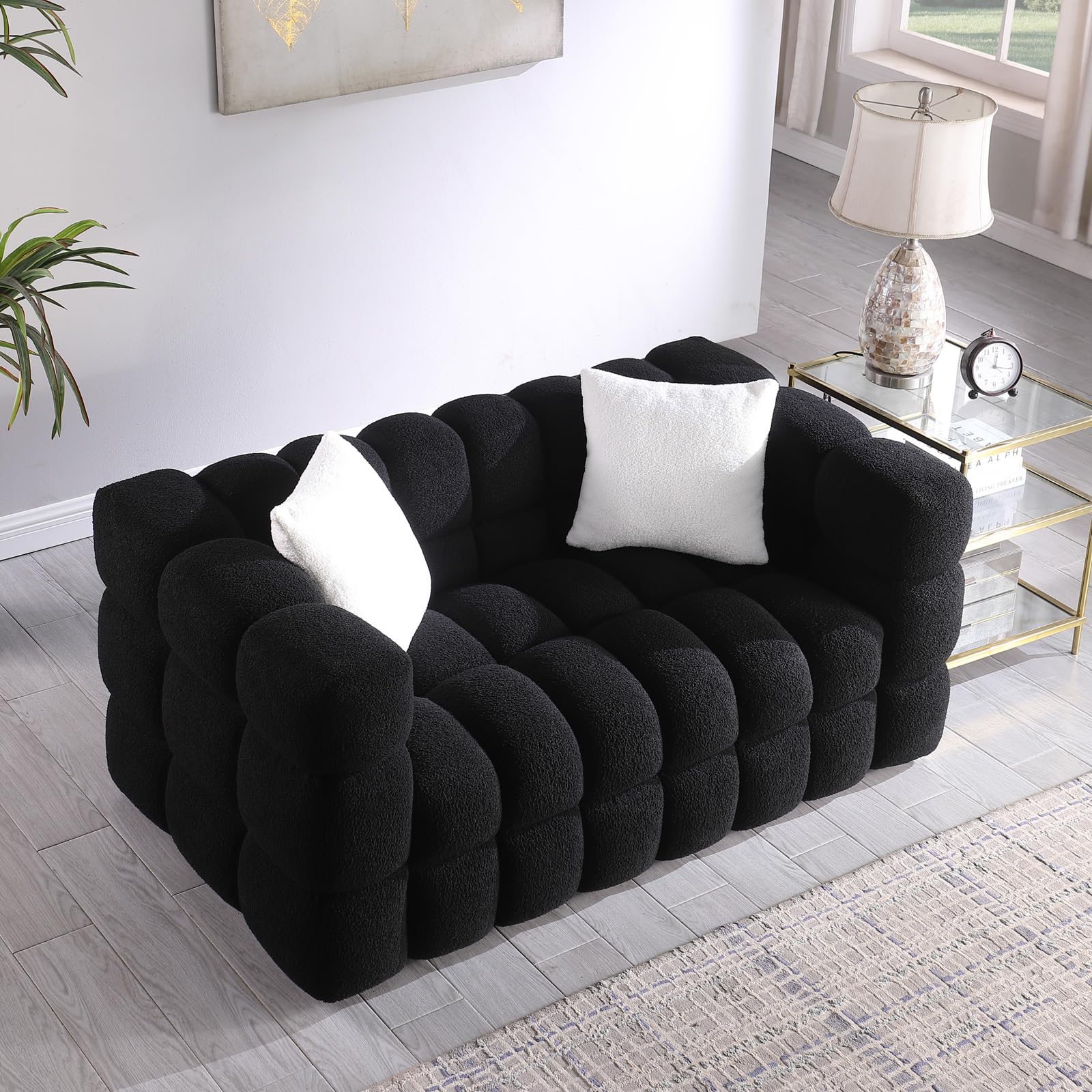 Modern Bubble Sofa Couch, Cloud Couch with 2 Pillows, Bouclé Fabric Comfy Loveseat Sofa, Decor Furniture for Small Spaces Living Room Bedroom Office Apartment,Black