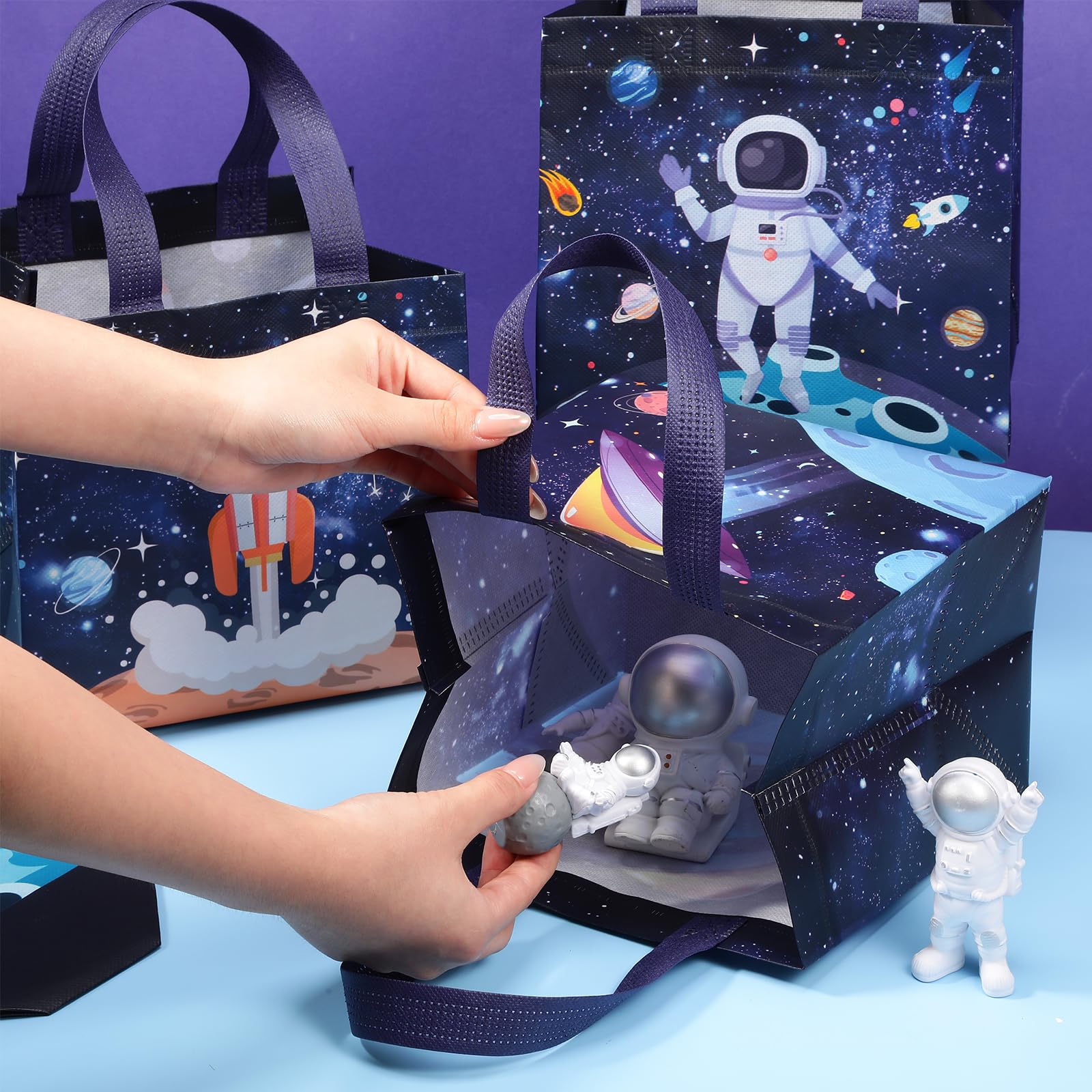 Windyun 48 Pcs Space Gift Bags Bulk Large Outer Space Party Favors Bags Non Woven Goodie Candy Treat Bag with Handles Planet Galaxy Tote Bags for Space Theme Birthday Baby Shower Party Supplies