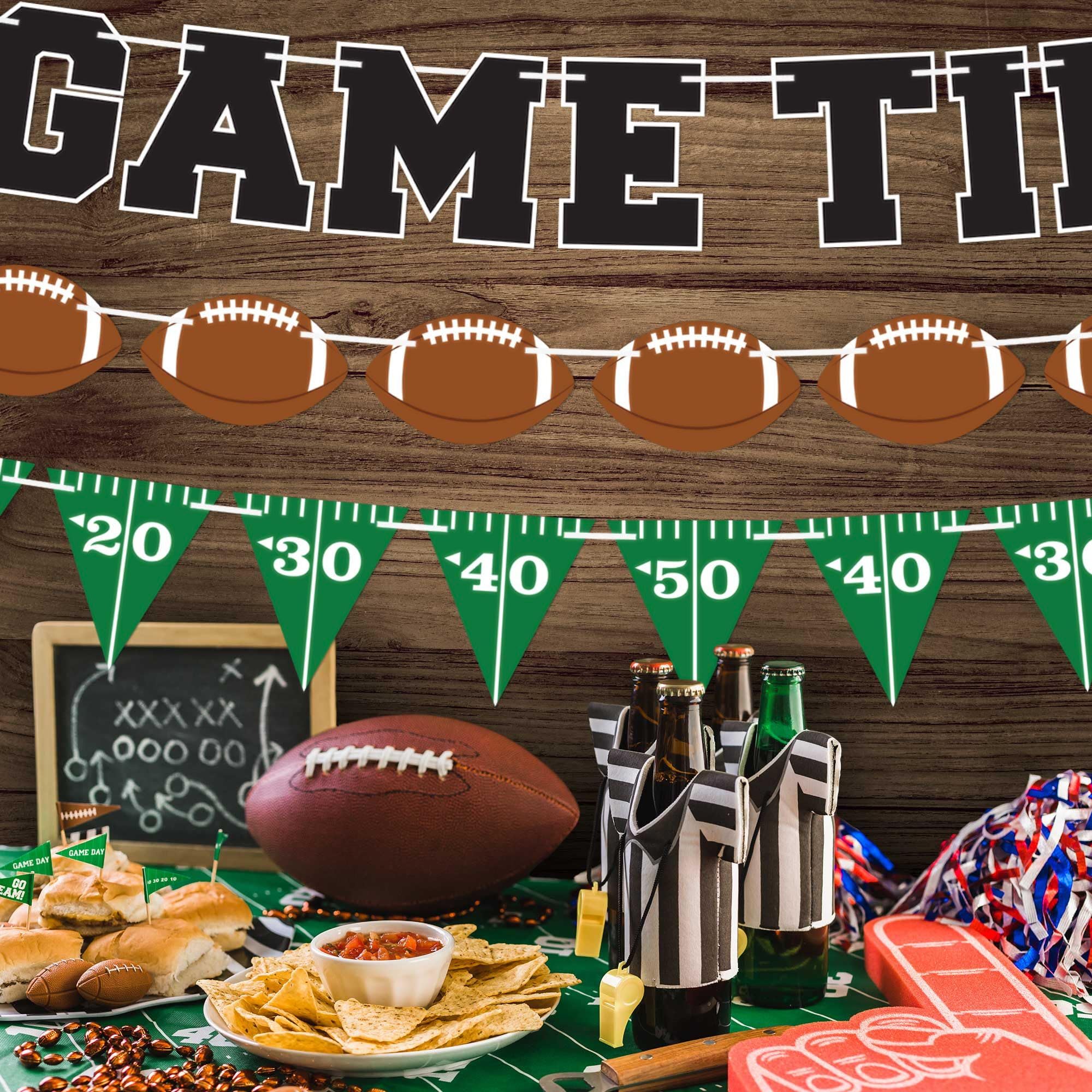 Pre-Strung Game Time Football Banner - No DIY - Football Party Banner - Pre-Strung Garland on 8 ft Strands - Football Birthday Party Decorations. Sports Fantasy Football Party. Did we mention no DIY?