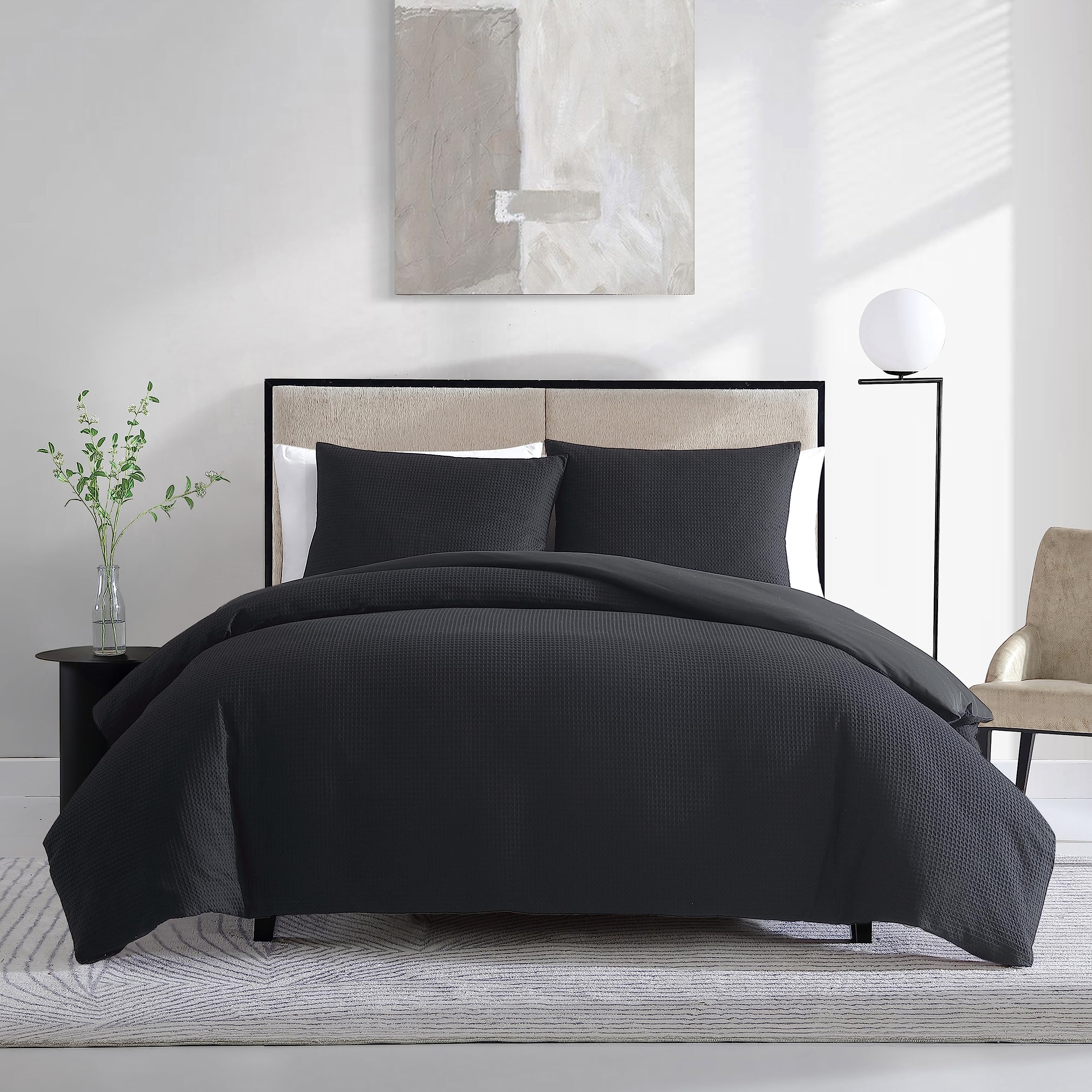 Vera Wang- King Duvet Cover Set, Reversible Cotton Bedding Set with Matching Shams, Designer Home Décor (Waffle Pique Black, King)