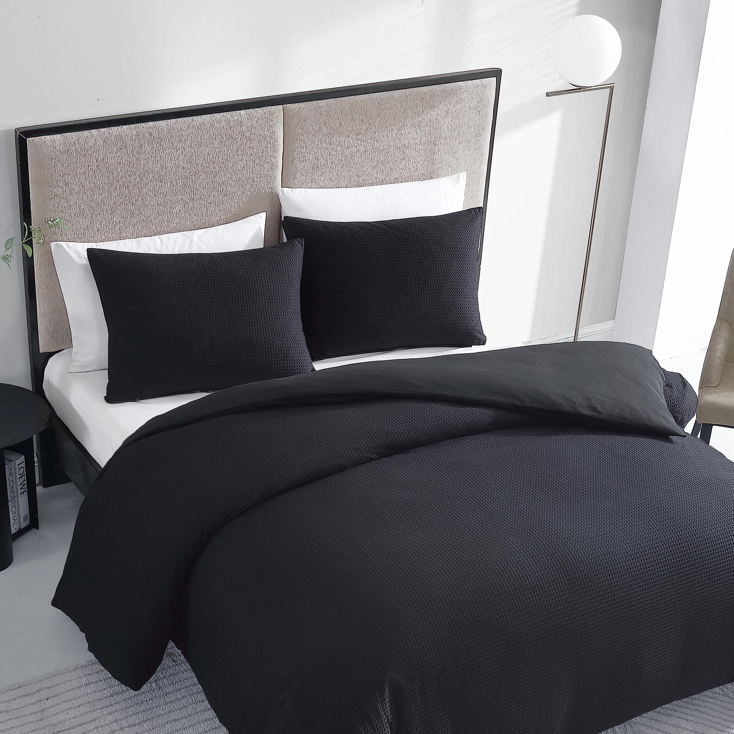 Vera Wang- King Duvet Cover Set, Reversible Cotton Bedding Set with Matching Shams, Designer Home Décor (Waffle Pique Black, King)