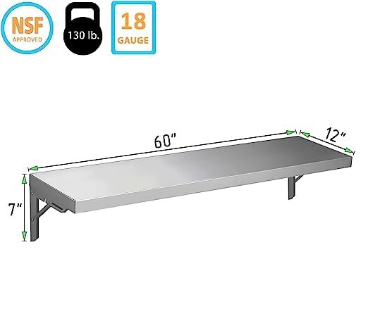 Express KitchQuip 12" x 60" Stainless Steel Folding Wall Shelf - Food Truck, Kitchen, Restaurant, Laundy, Garage and Utility Room