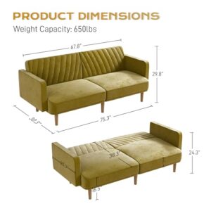 DAMAIFROM Futon Sofa Bed, Upholstered Comfy Velvet Futon Couch, Sleeper Sofa, Loveseat, Mid Century Modern Small Sofa, 75" Couches for Living Room, Office, Small Spaces, Olive Green