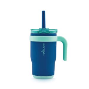 reduce 14 oz coldee kids tumbler with lid and straw - coldee insulated travel mug - spill-proof, sweatproof stainless steel, bpa-free - includes handle, reusable silicone straw - nautical mist