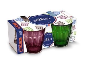 duralex made in france picardie glass tumbler drinking glasses set of 4. size 8-3/8 oz, mixed colors: plum, green marine blue, grey.