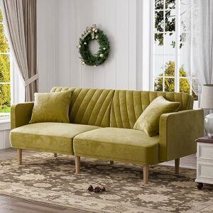 DAMAIFROM Futon Sofa Bed, Upholstered Comfy Velvet Futon Couch, Sleeper Sofa, Loveseat, Mid Century Modern Small Sofa, 75" Couches for Living Room, Office, Small Spaces, Olive Green