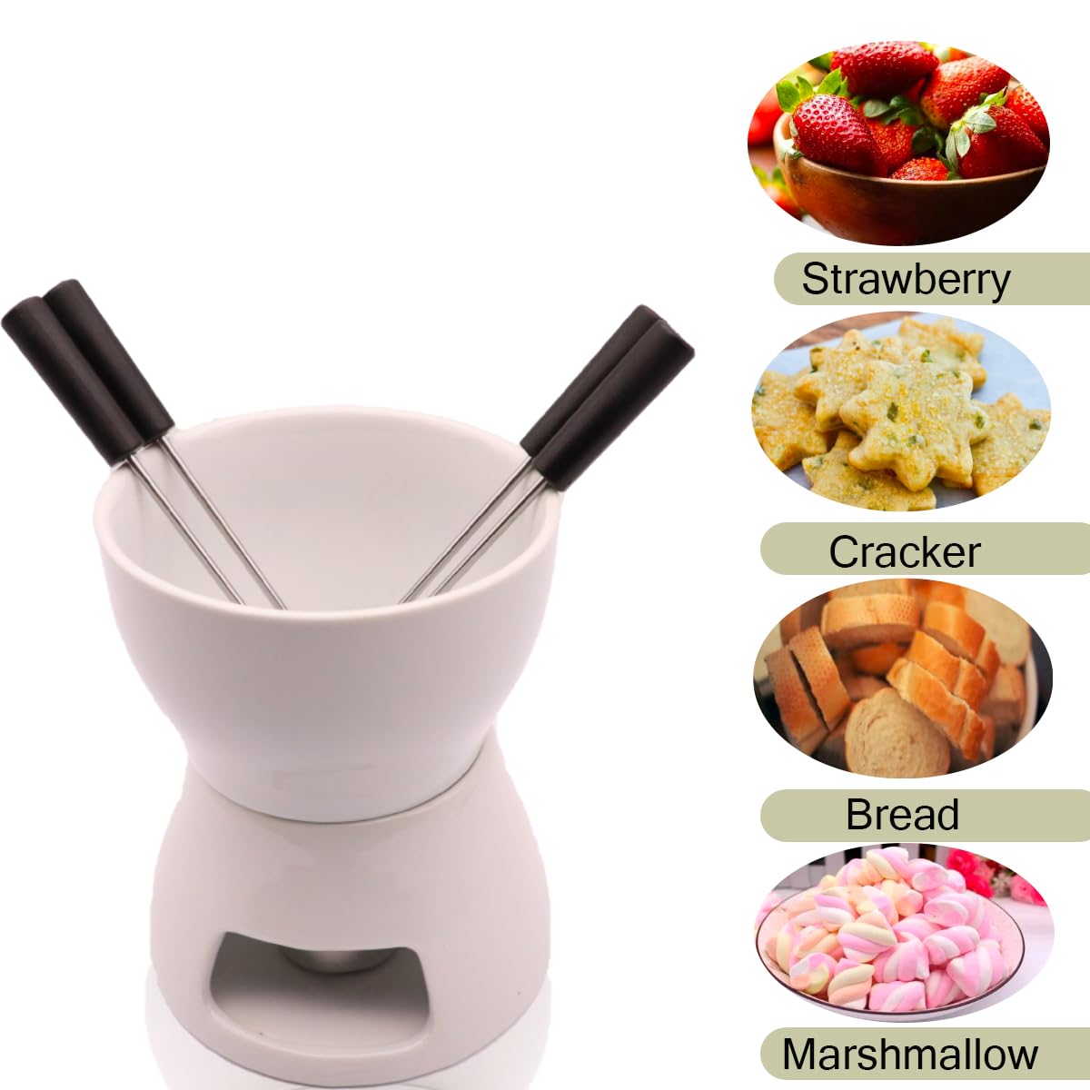 CORJEEJOR Fondue Pot Set with 4 Forks Ceramic Butter Warmer Set Premium Tea Light Porcelain Melting Pot for Chocolate Cheese Caramel