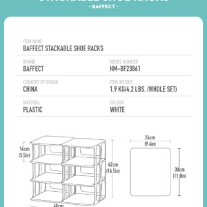 Baffect 8 Tier Shoe Rack, Free Standing Shoe Storage Organizer for Closet, Plastic Stackable Shoe Storage Tower, Vertical Shoe Holder for Entryway Space Saving Narrow Shoe Cabinet (White)