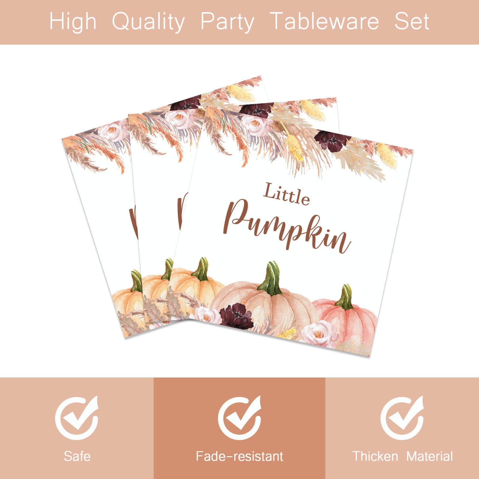 96 Pcs Fall Boho Pumpkin Party Plates and Napkins Set Baby Shower Happy Birthday Party Supplies Decorations for Kid Fall Leaves Pampas Grass Party Disposable Dinnerware Tableware Kit, Serves 24