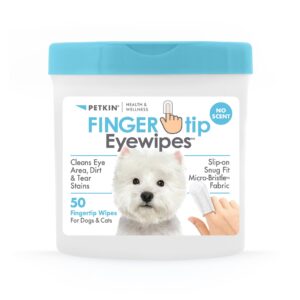 petkin fingertip eye wipes for dogs and cats, 50 finger wipes - slip-on, snug fit, micro-bristle fabric - cleans eye area, dirt and tear stains - convenient, ideal for home and travel - no scent