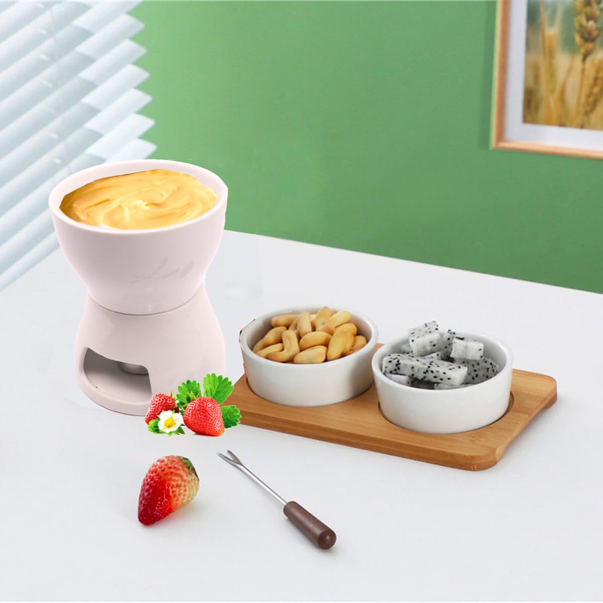 CORJEEJOR Fondue Pot Set with 4 Forks Ceramic Butter Warmer Set Premium Tea Light Porcelain Melting Pot for Chocolate Cheese Caramel