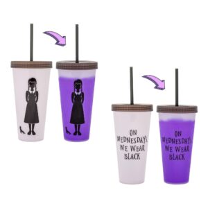 wednesday "we wear black" color-changing plastic travel tumbler | includes reusable straw, leak-resistant lid | holds 24 ounces