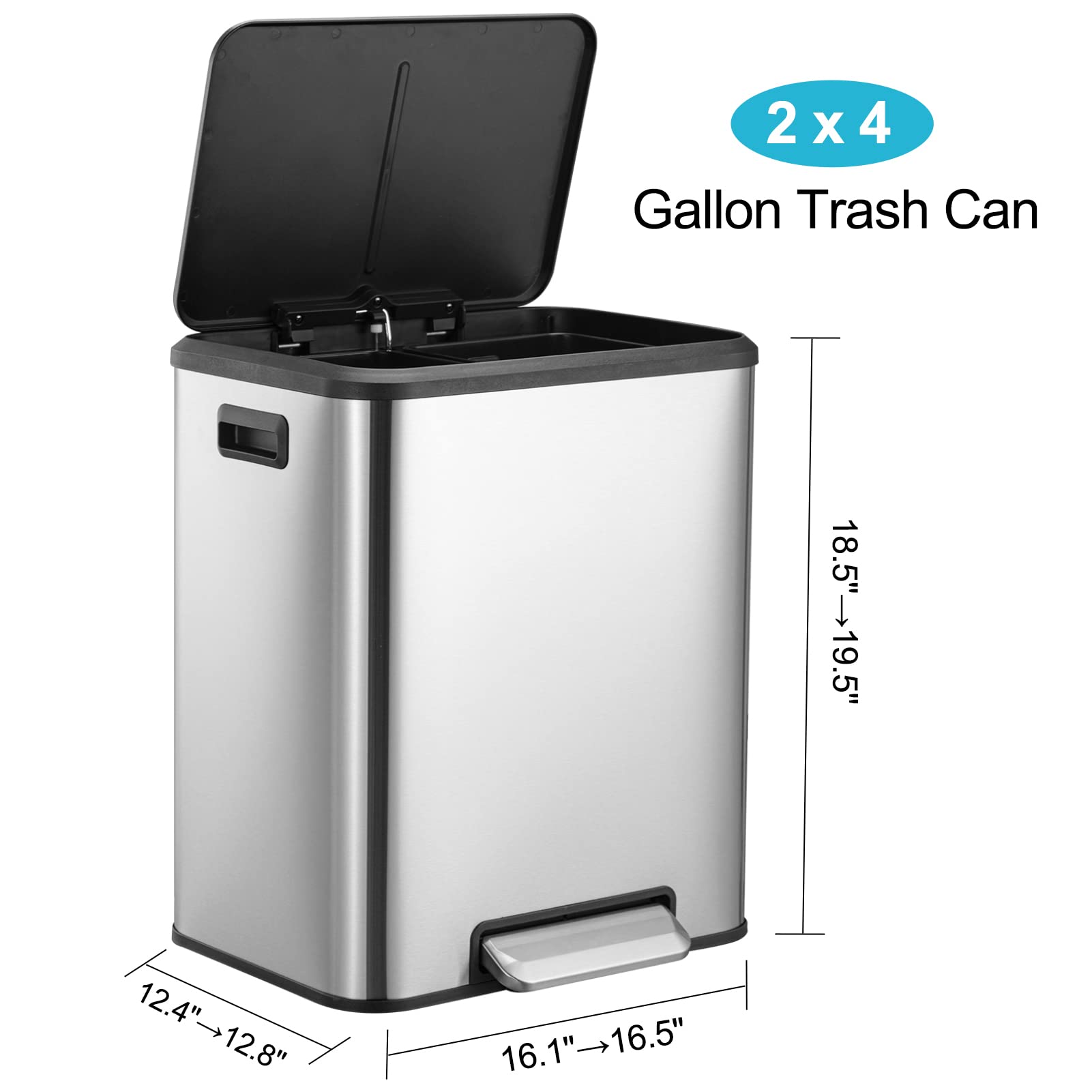 GlowSol Dual Trash Can for Recycling and Trash, Double Compartment Trash Can, Trash Can with Recycling Bin Combo, Double Garbage Cans for Kitchen, 30 L (2x15L)