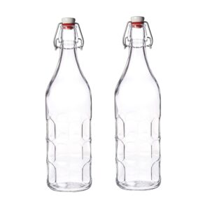 bormioli rocco set of 2 moresca bottles, 33.75 oz. clear textured glass, with swing top hermetic lid, leak proof water bottle, dishwasher safe, made in italy