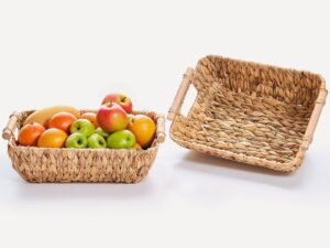 storage basket hand-woven large storage baskets with wooden handles, water hyacinth wicker baskets for organizing, 2-pack