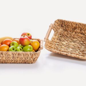 Storage Basket Hand-Woven Large Storage Baskets with Wooden Handles, Water Hyacinth Wicker Baskets for Organizing, 2-Pack