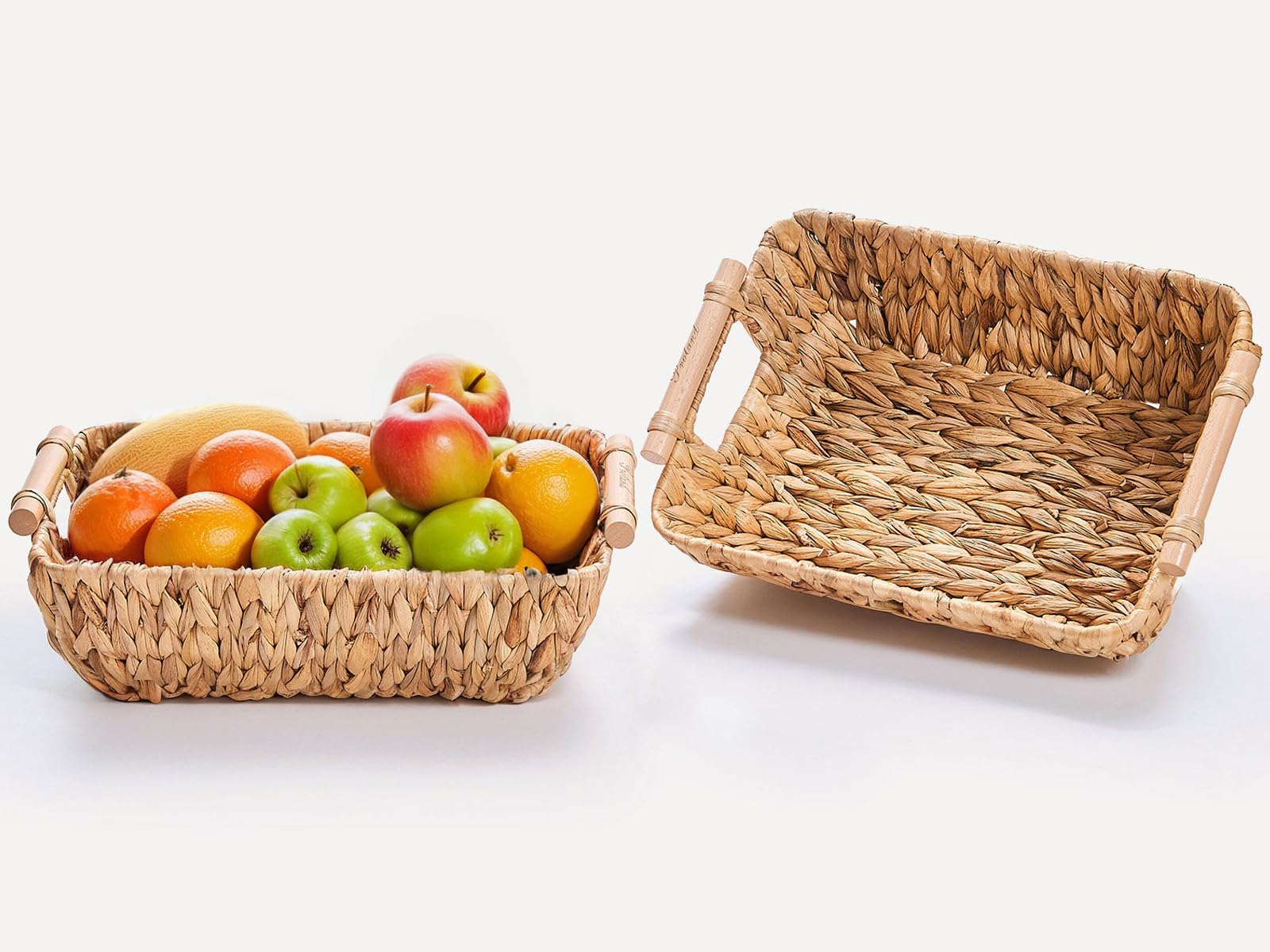 Storage Basket Hand-Woven Large Storage Baskets with Wooden Handles, Water Hyacinth Wicker Baskets for Organizing, 2-Pack